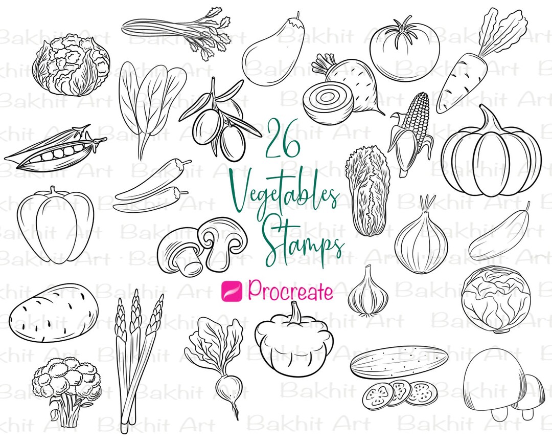Vegetable Doodle Procreate Stamps Pumpkin Tomato Eggplant Mushrooms ...
