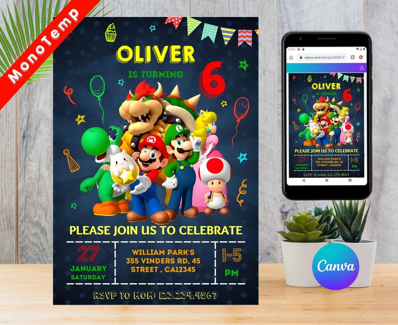 Editable Super Mario Birthday Invitation Mario Theme Party - Etsy