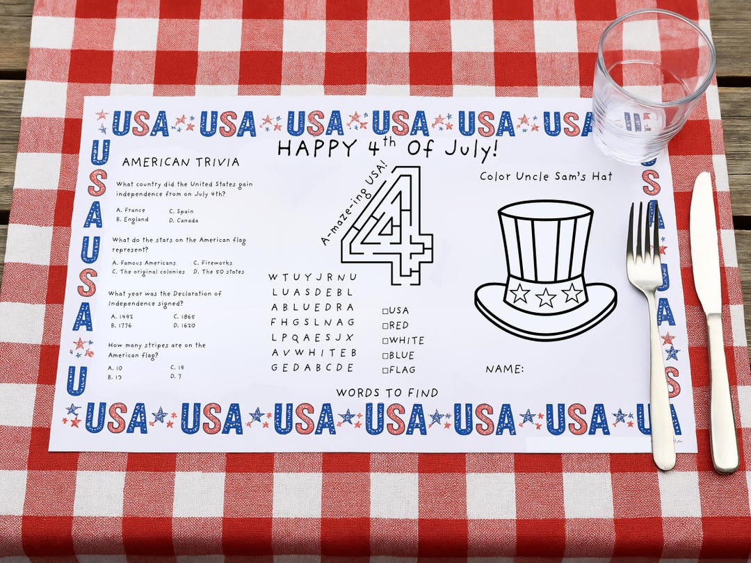 4th of July Kids Printable Placemat Customizable - Etsy