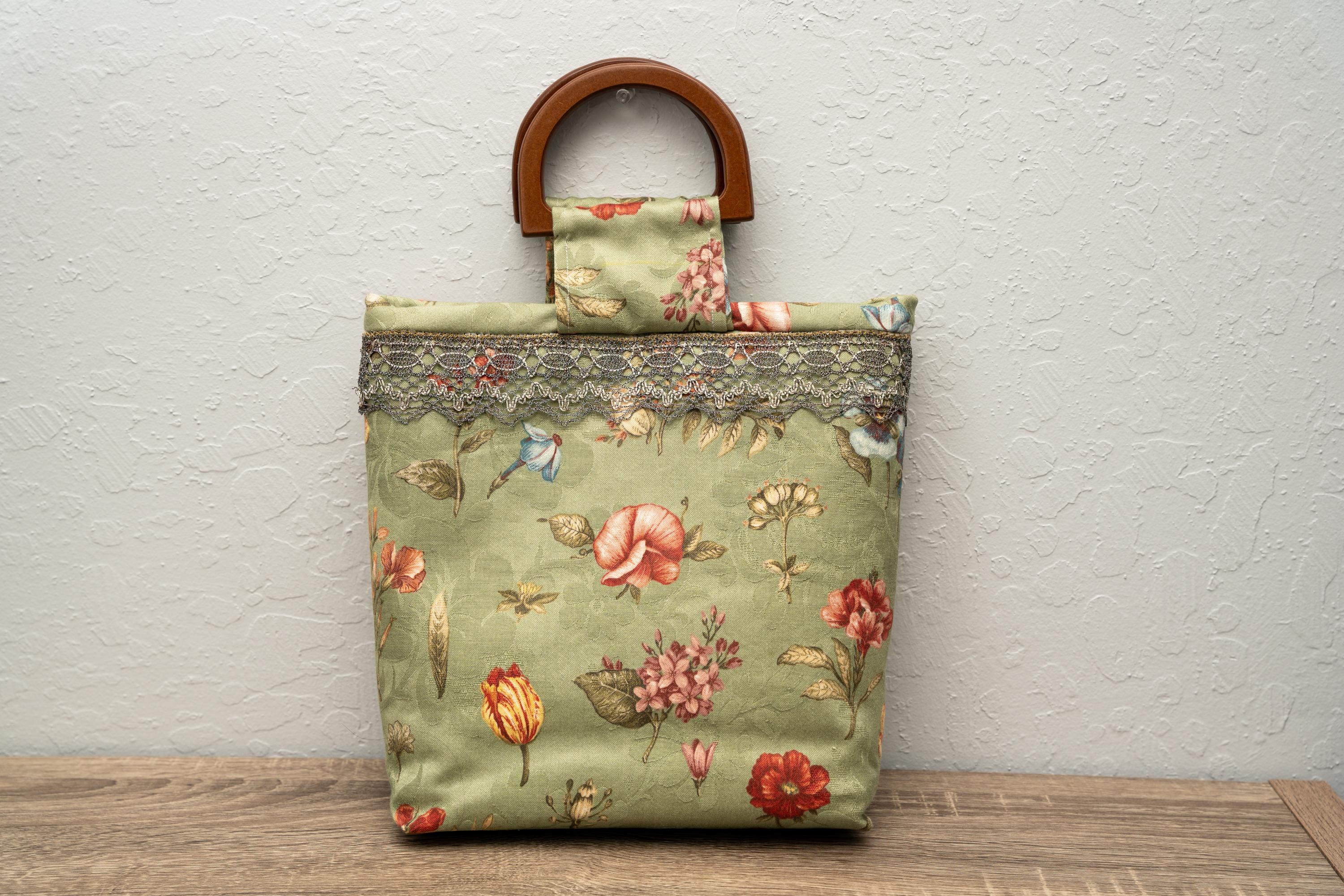 Custom Green Flower Design Tote Bag With Wooden Handles - Etsy