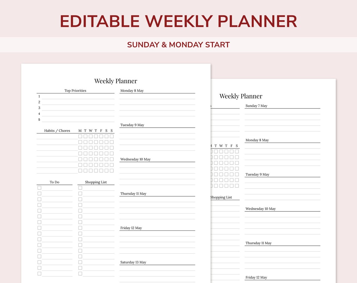Editable Weekly Planner Template for Google Sheets A4 & US Letter ...