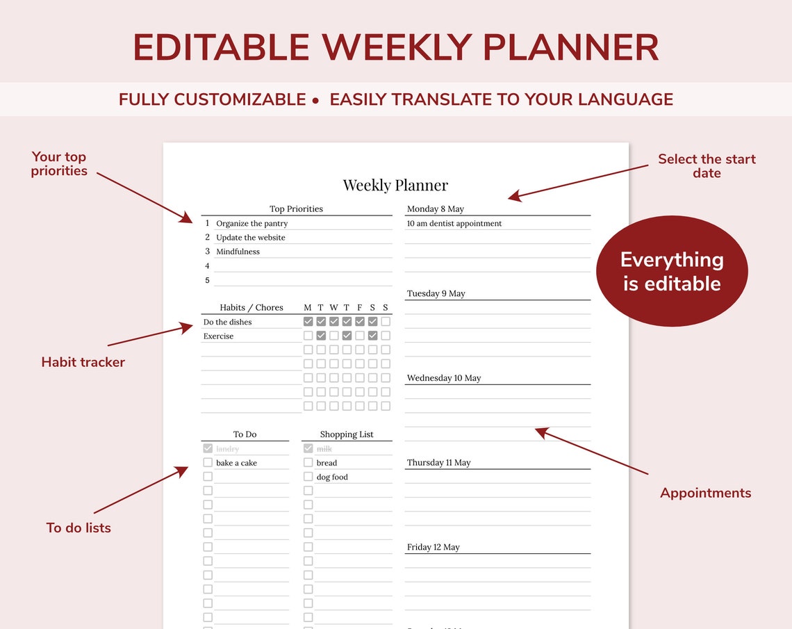 Editable Weekly Planner Template for Google Sheets A4 & US Letter ...