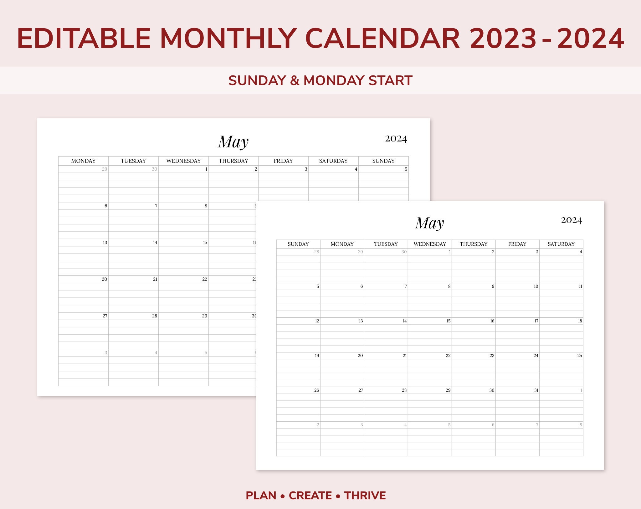 Editable 2023 2024 Monthly Calendar Template for Google Sheets 18 ...