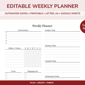 Editable Weekly Planner Template for Google Sheets A4 & US Letter ...