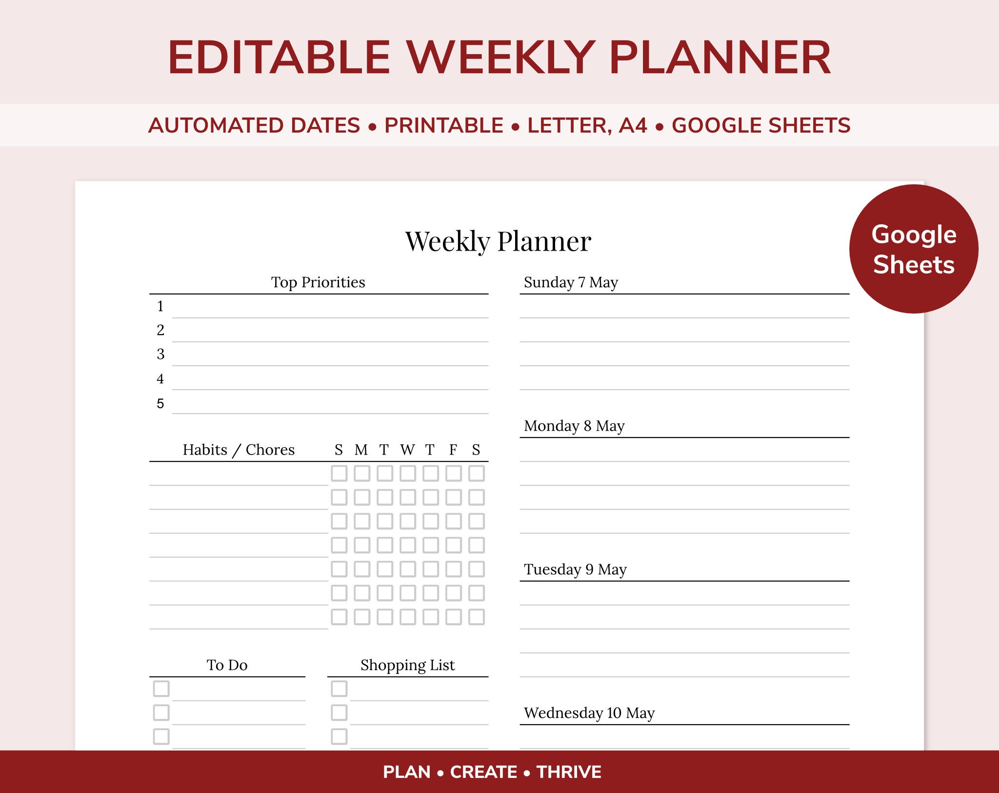 Editable Weekly Planner Template for Google Sheets A4 & US Letter ...