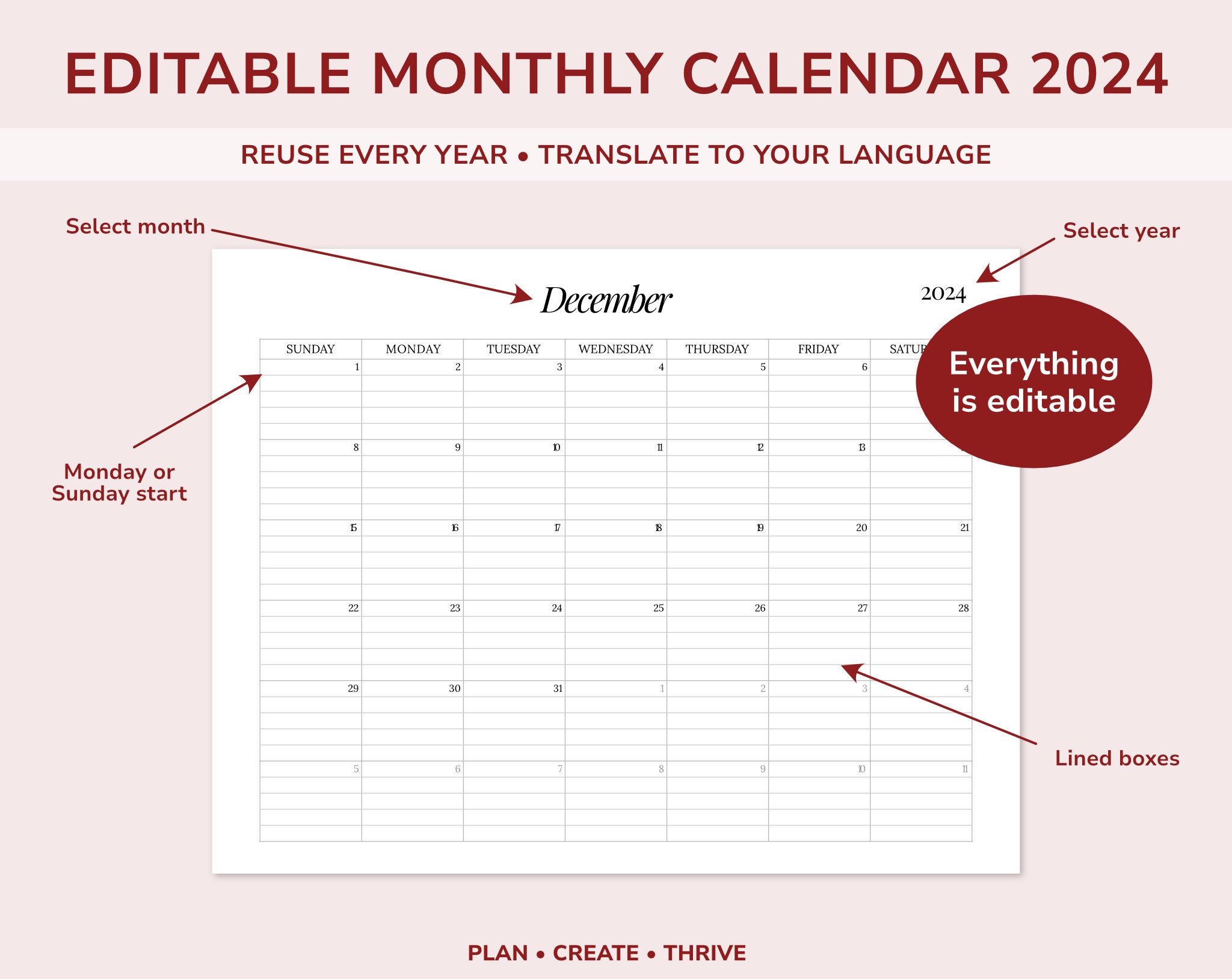 Editable 2024 Monthly Calendar Template for Google Sheets Lined Boxes ...