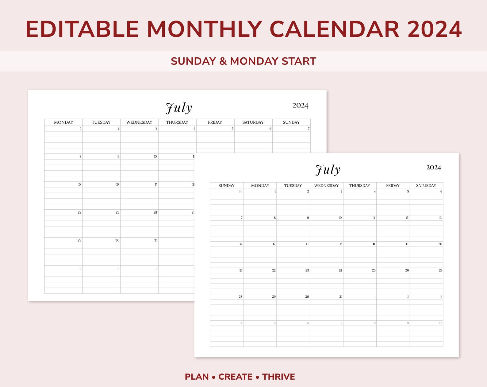 Editable 2024 Monthly Calendar Template for Google Sheets Lined Boxes ...