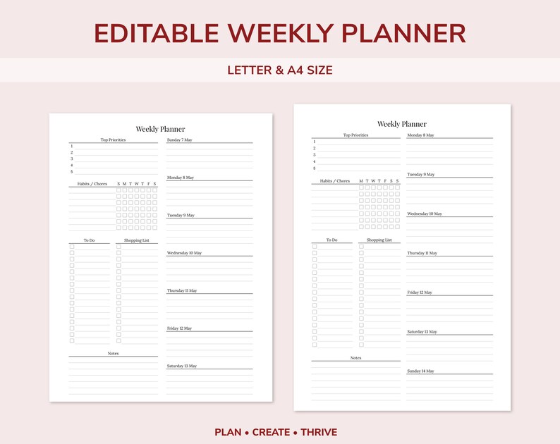Editable Weekly Planner Template for Google Sheets A4 & US Letter ...
