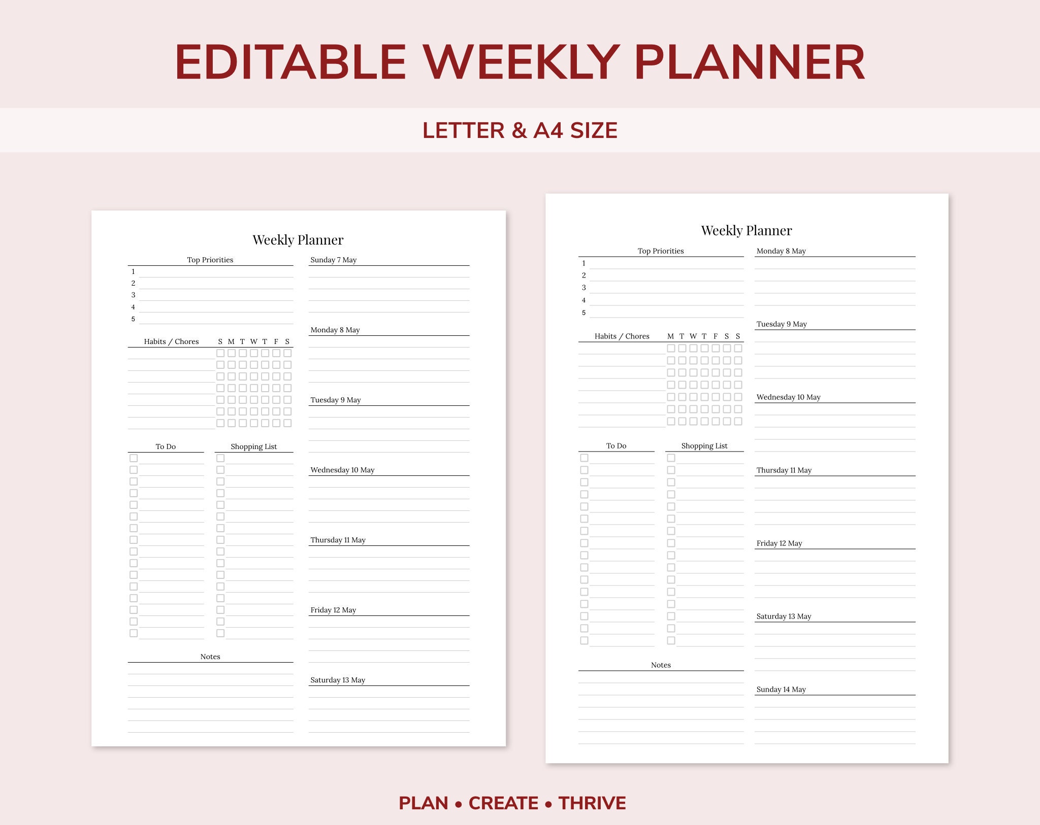 Editable Weekly Planner Template for Google Sheets A4 & US Letter ...