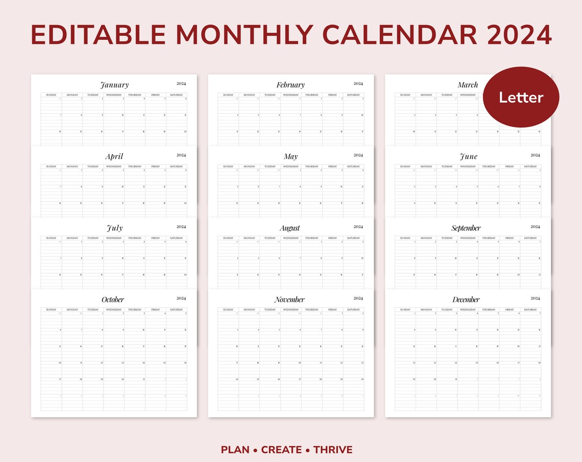 Editable 2024 Monthly Calendar Template for Google Sheets Lined Boxes ...