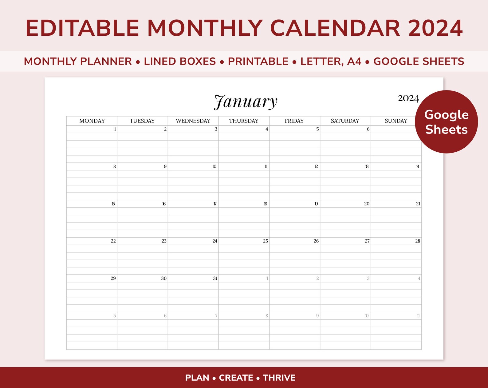 Editable 2024 Monthly Calendar Template for Google Sheets Lined Boxes ...