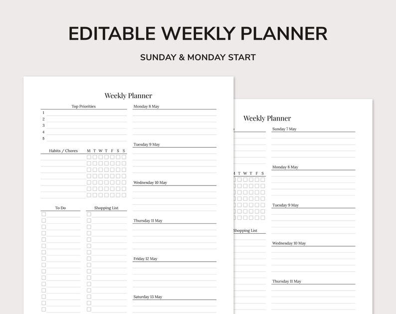 Editable Weekly Planner Template for Google Sheets A4 & US - Etsy
