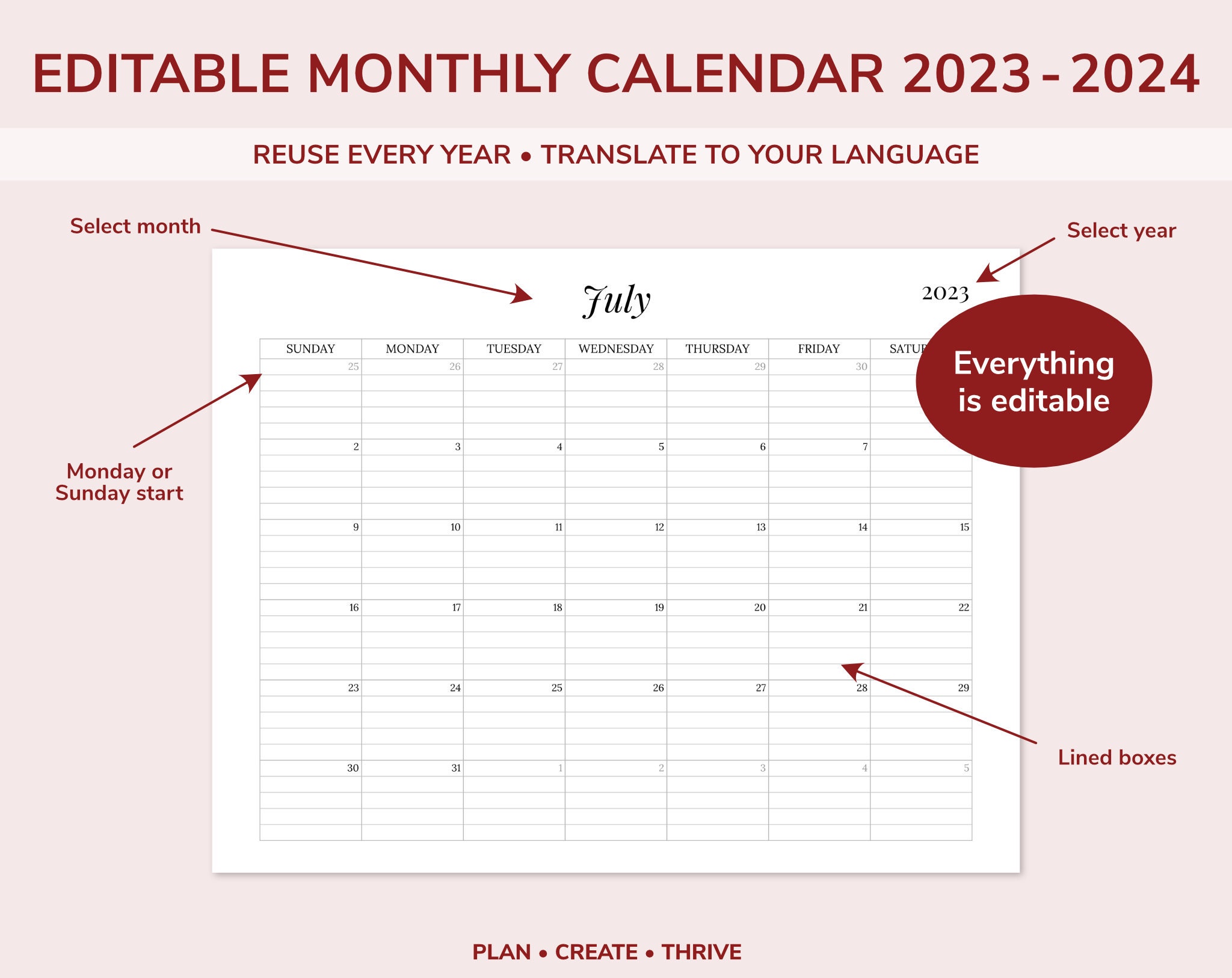 Editable 2023 2024 Monthly Calendar Template for Google Sheets 18 ...