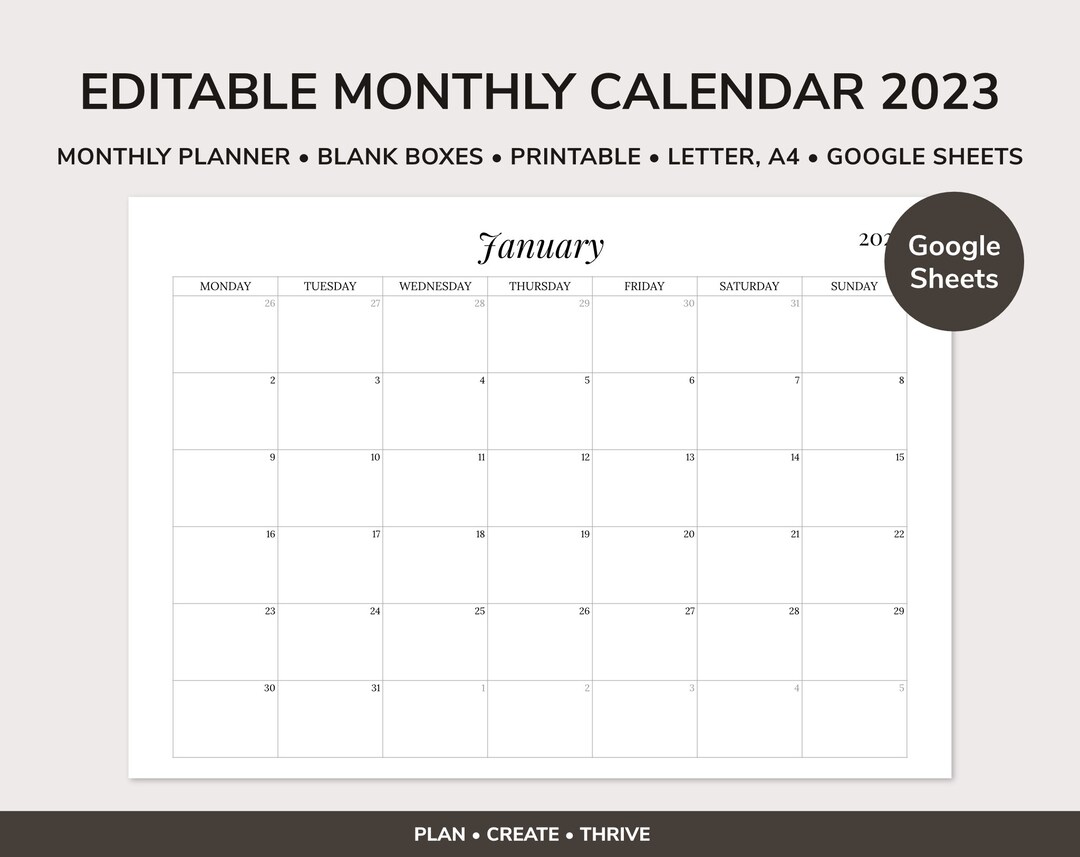 Editable 2023 Monthly Calendar Template for Google Sheets - Etsy México