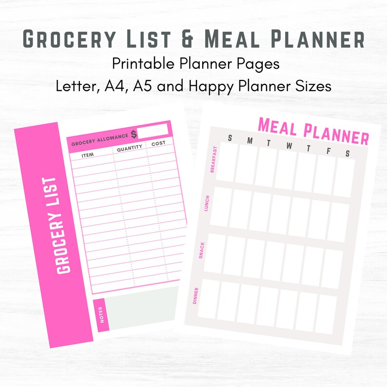 Pink Meal Planner Printable With Grocery List Printable, Digital ...