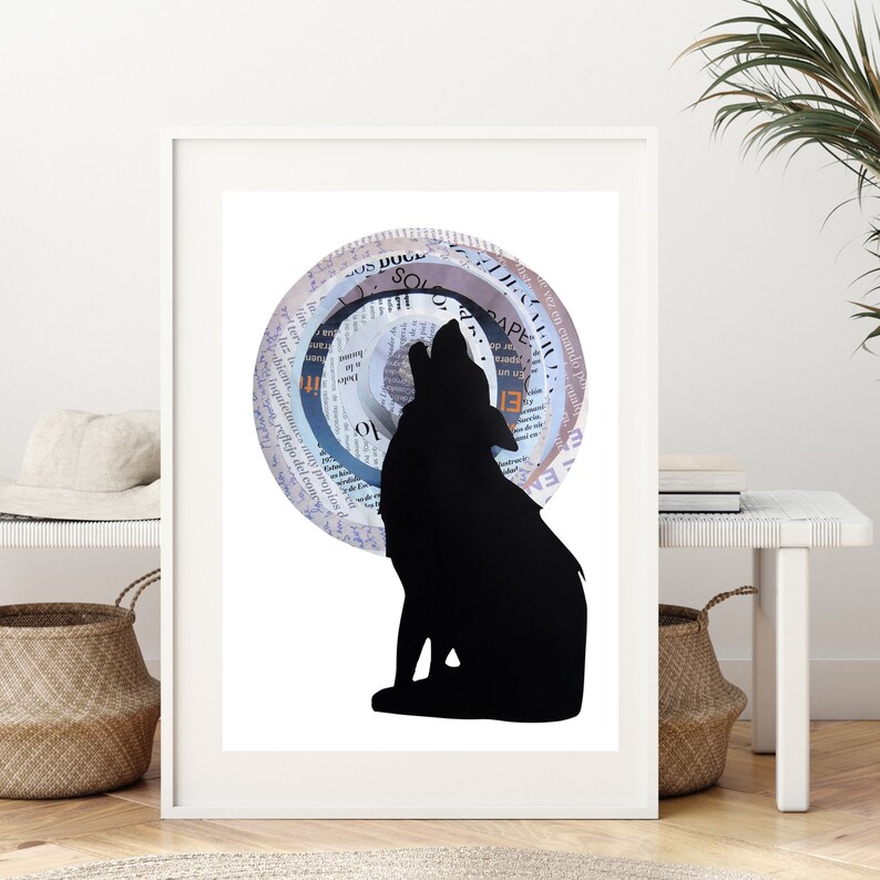 Wolf Howling at Moon Art Print: Bohemian Collage Wall Decor - Etsy