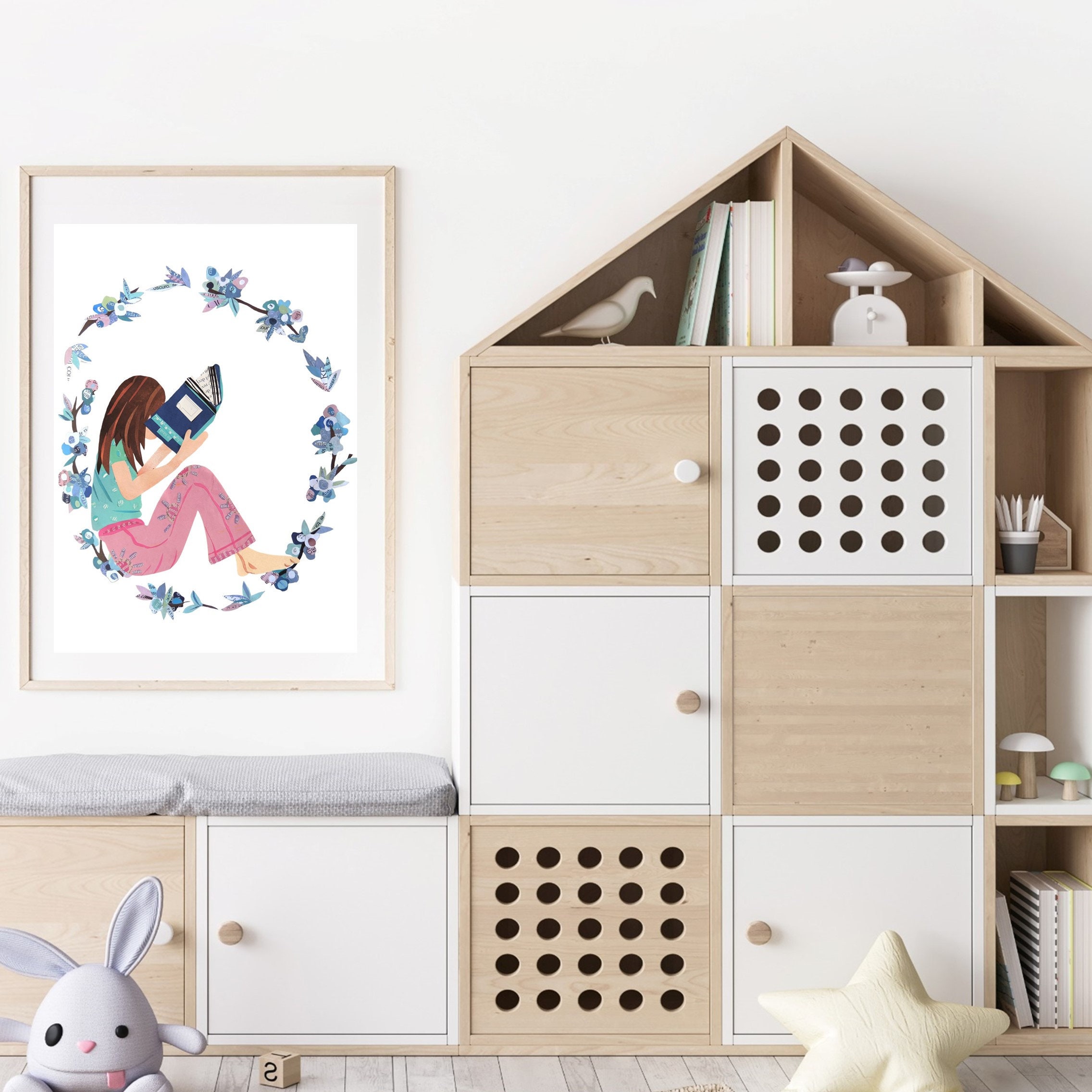 Girl Reading Print, Book Poster Collage Artwork, Girl Room Decor and ...