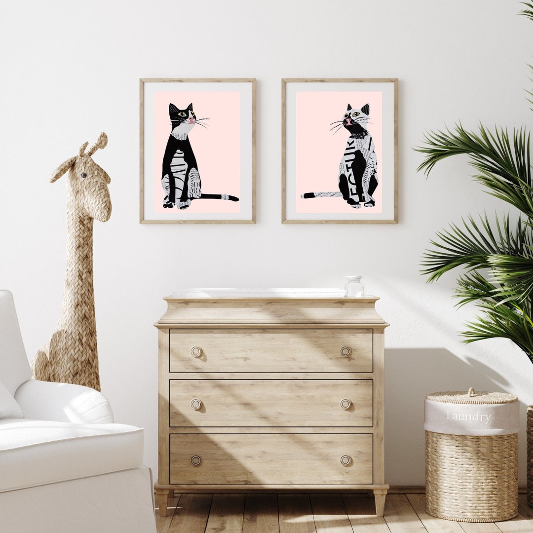 Pink Cat Art Prints, Blush Pink Decor From Original Collage Wall Art ...