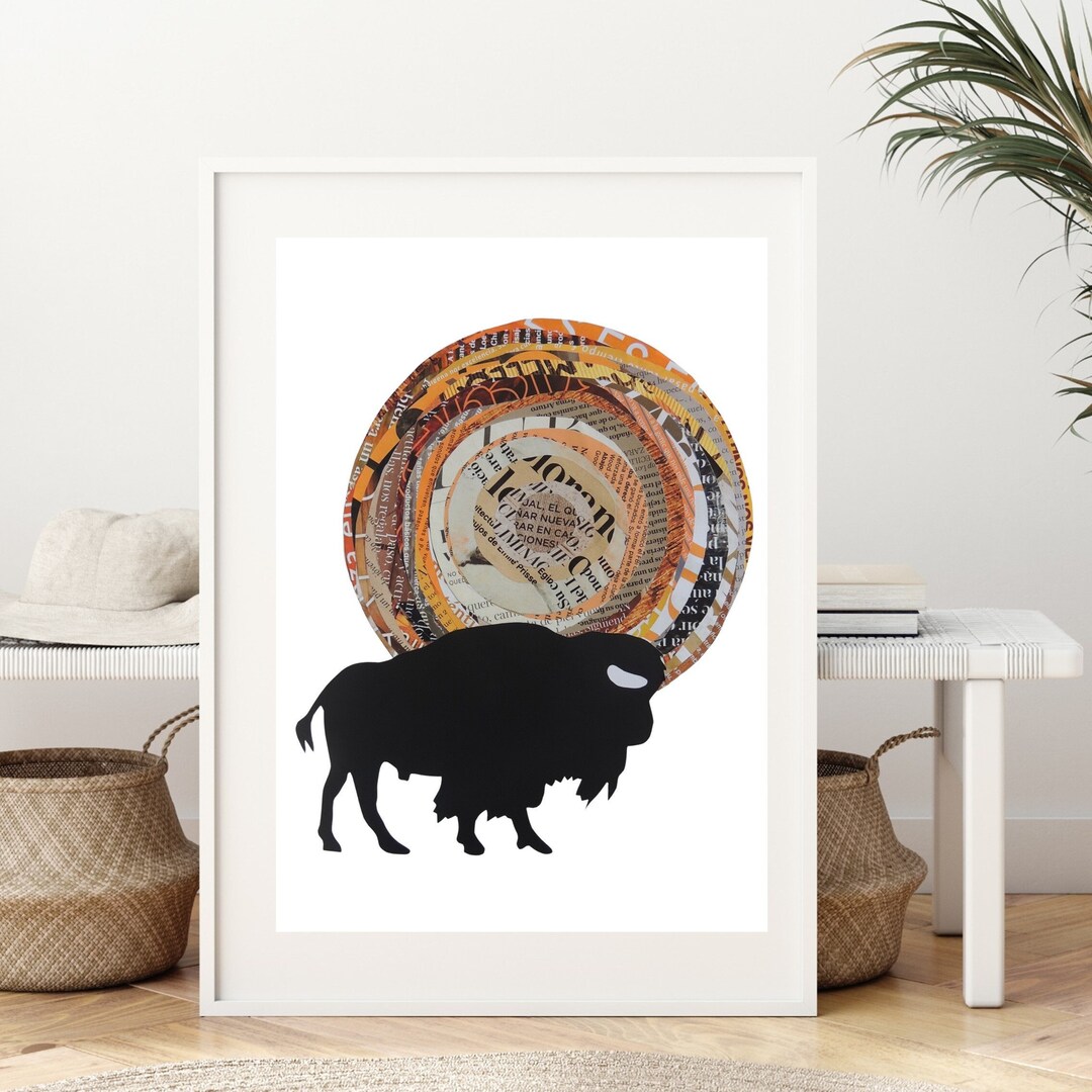 American Buffalo Wall Art Print, Unique Collage Art, Earth Tones Bison ...