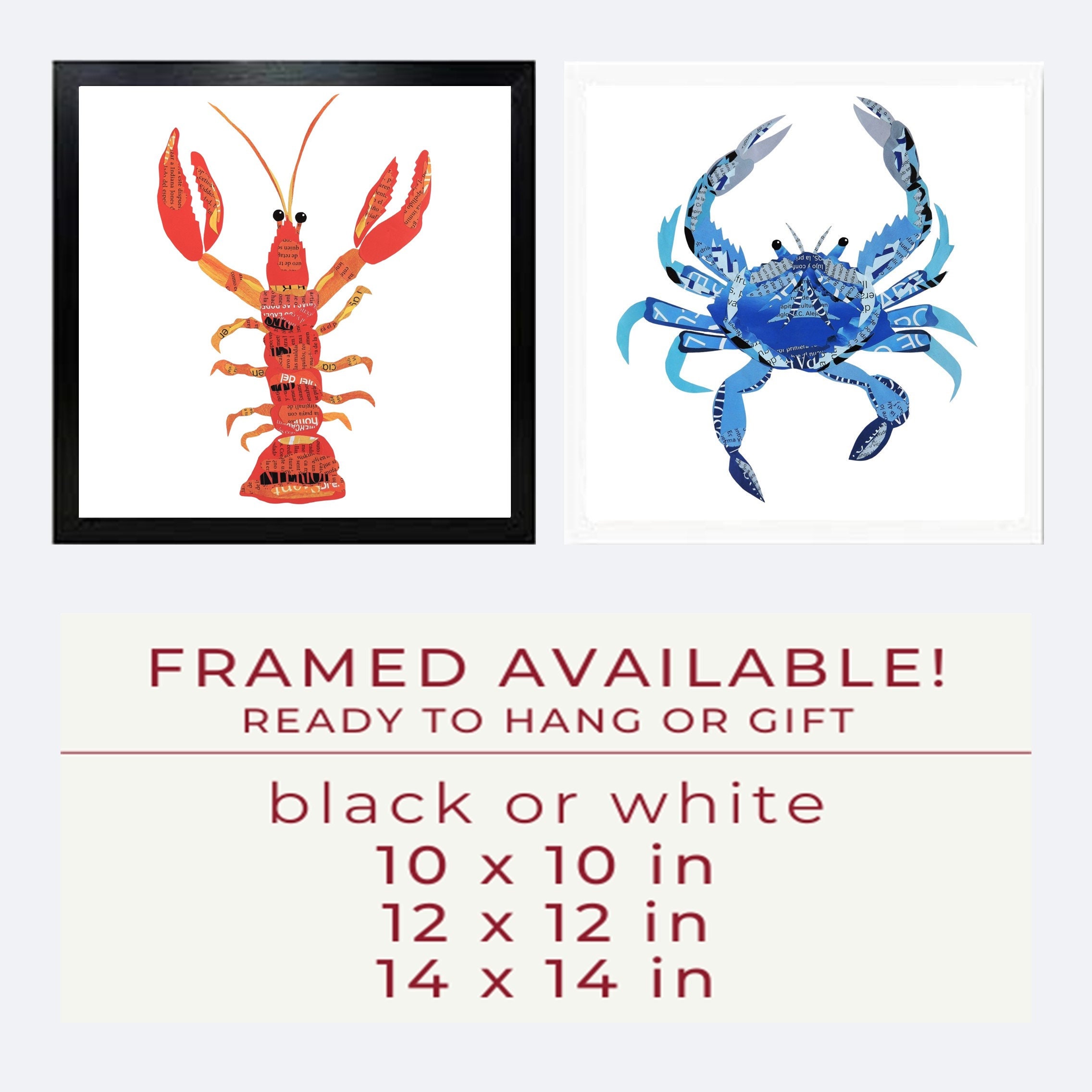 Crab and Lobster Print, Food Art Set of 2, Home Bar Decor, Colorful ...