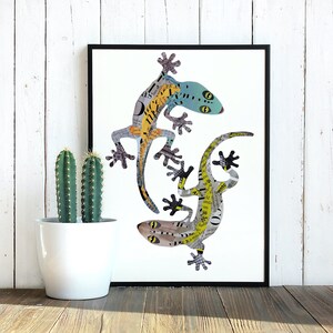 Reptile Decor, Gecko Lizard From Original Collage Art Prints, Rustic ...