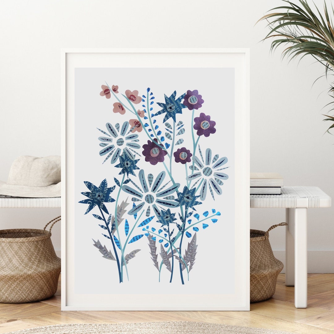 Blue Botanical Cottagecore Art, Unique Collage Wall Art as Flower Gift ...