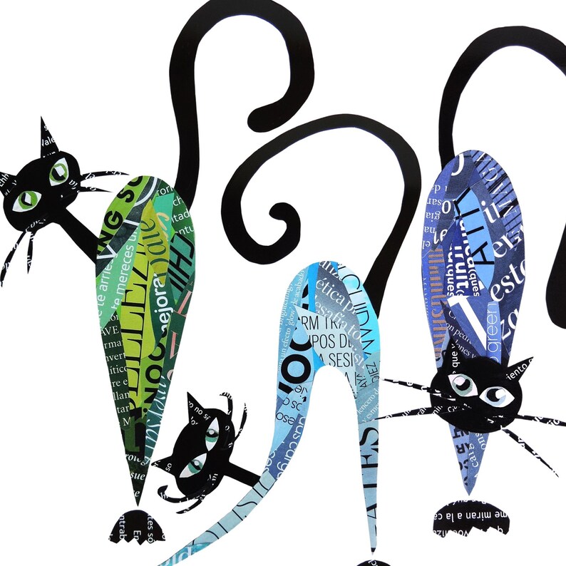 Cat Poster, Cat Print From Original Collage Artwork, Happy and Colorful ...