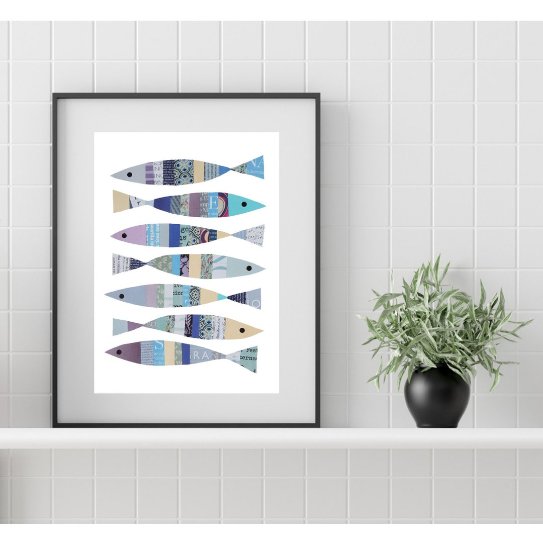 Sardines Art Print, Modern Fish Wall Art, Original Collage Artwork ...