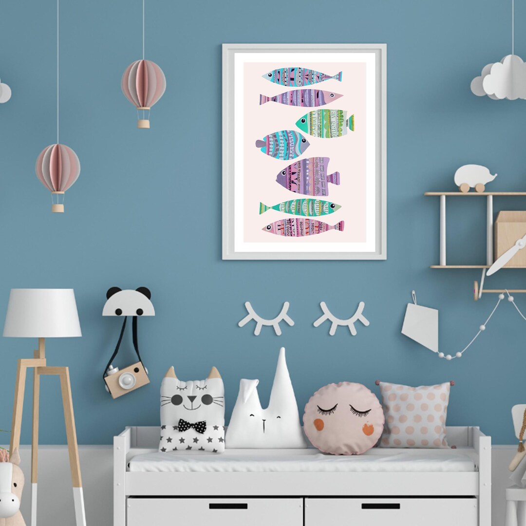 Pink Fish Art, Ocean Nursery Wall Art, Handmade Collage for a Pastel ...