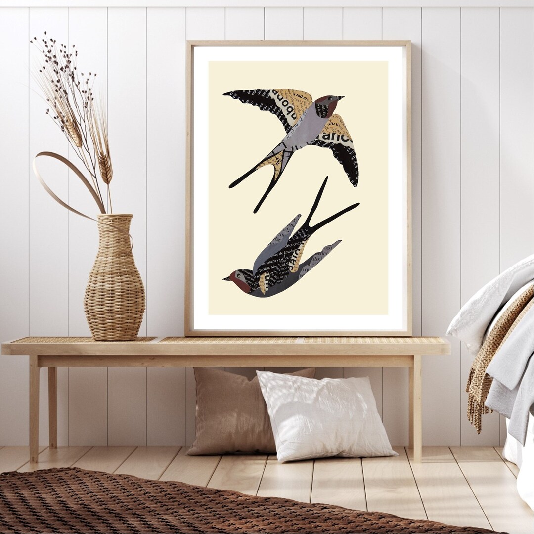 Swallow Art, Vintage Beige Bird Wall Art Print From Original Collage ...