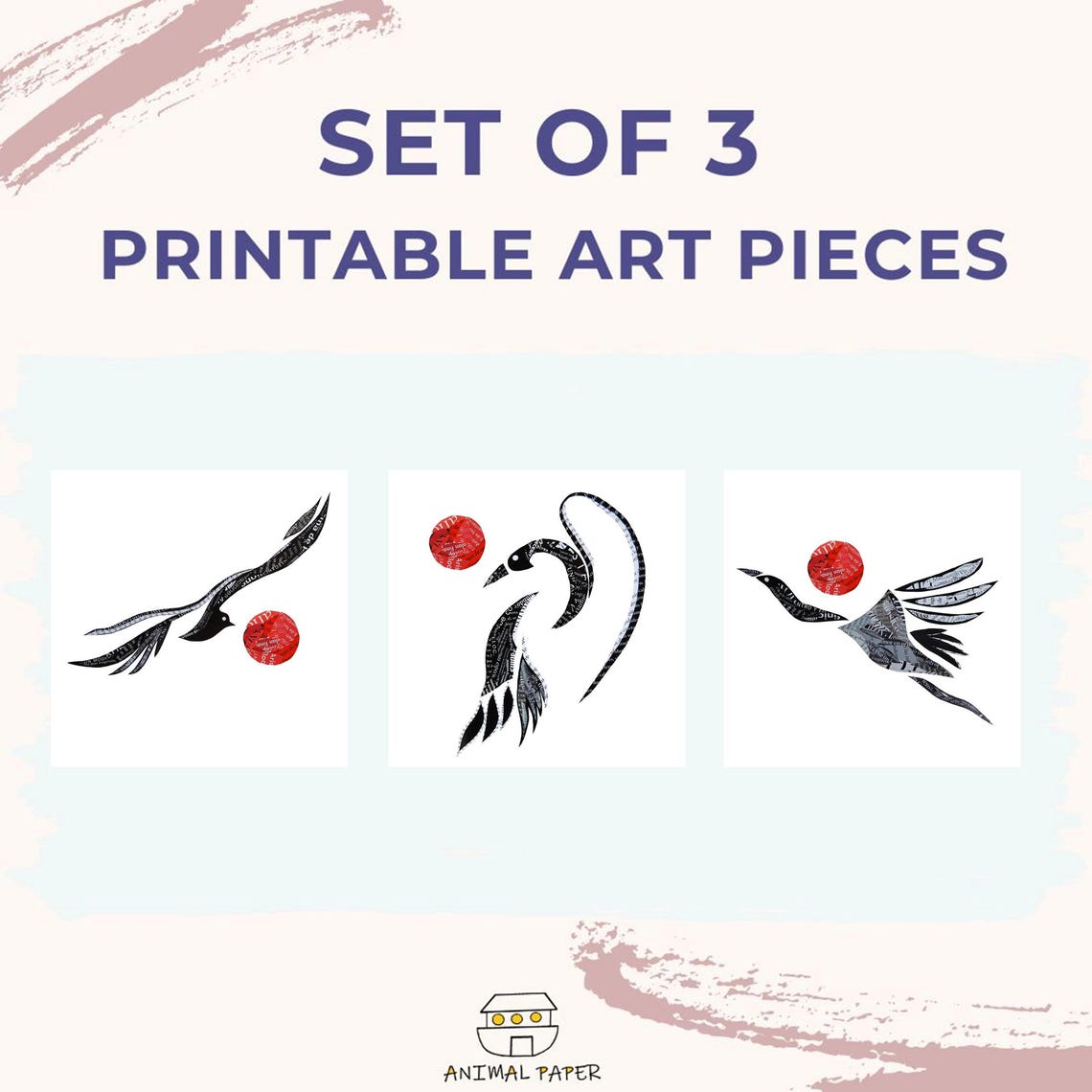 Abstract Bird Prints: Modern Collage Art, Set of 3 (digital Download ...