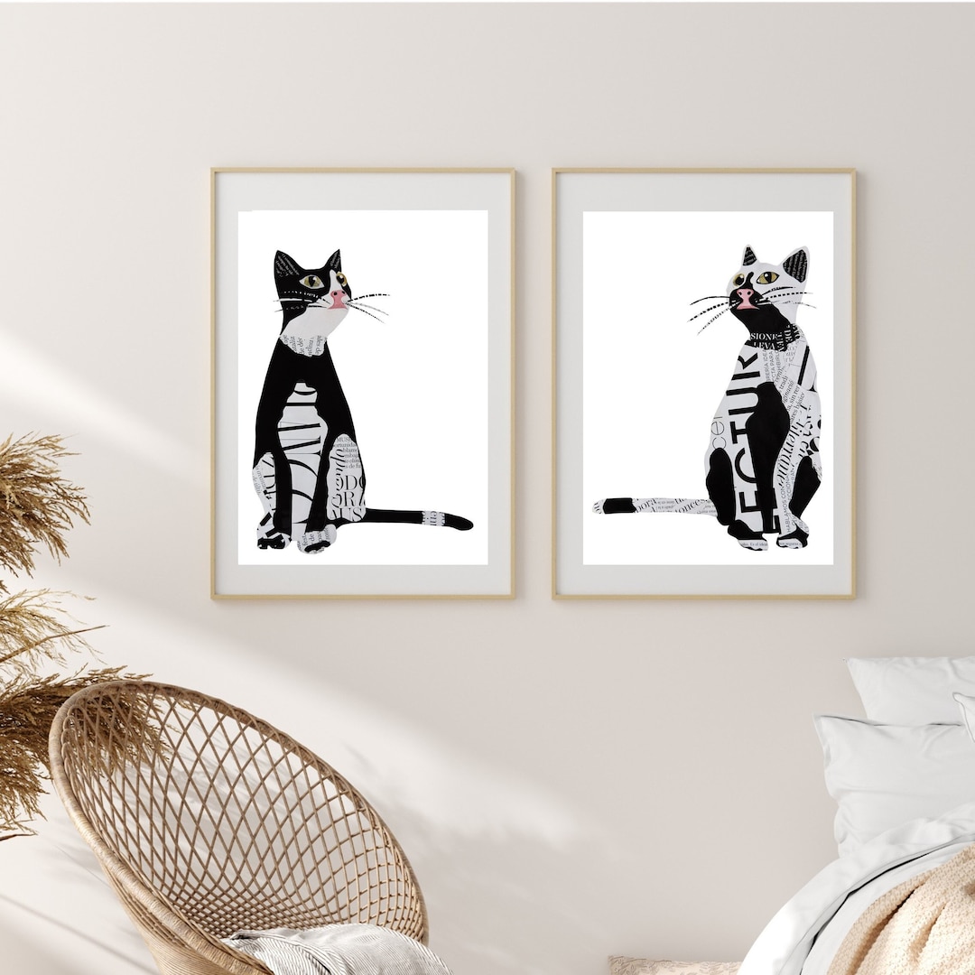 Cat Wall Art, Set of 2 Cat Art Print From Original Collage Artwork ...