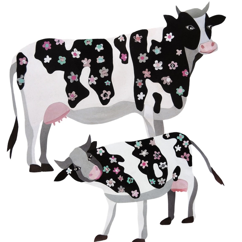 Cow and Calf Print, Cow Wall Art From Unique Collage Design, Farmhouse ...