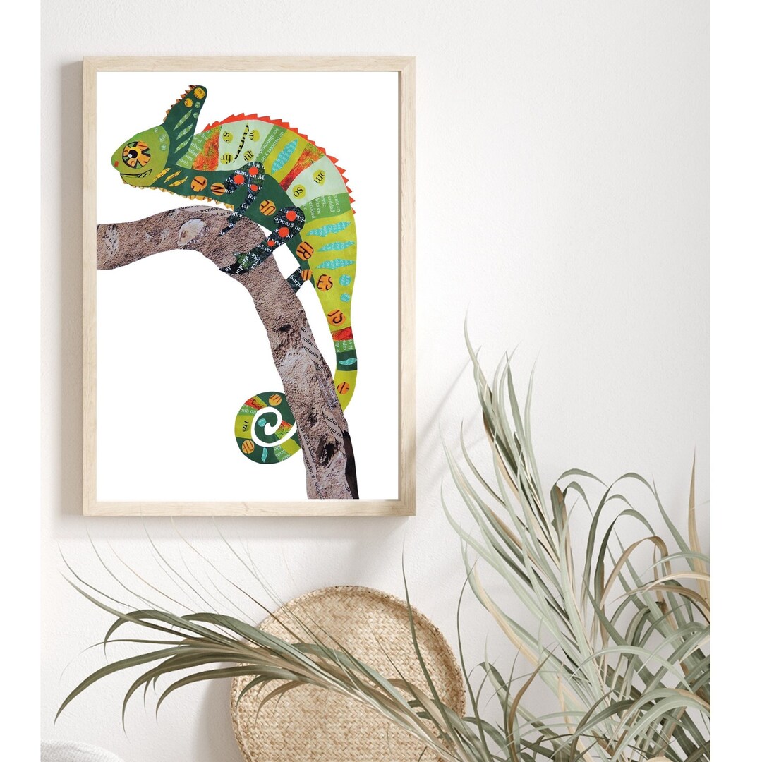Chameleon Wall Decor, Colorful Iguana Art Print From Unique Collage ...