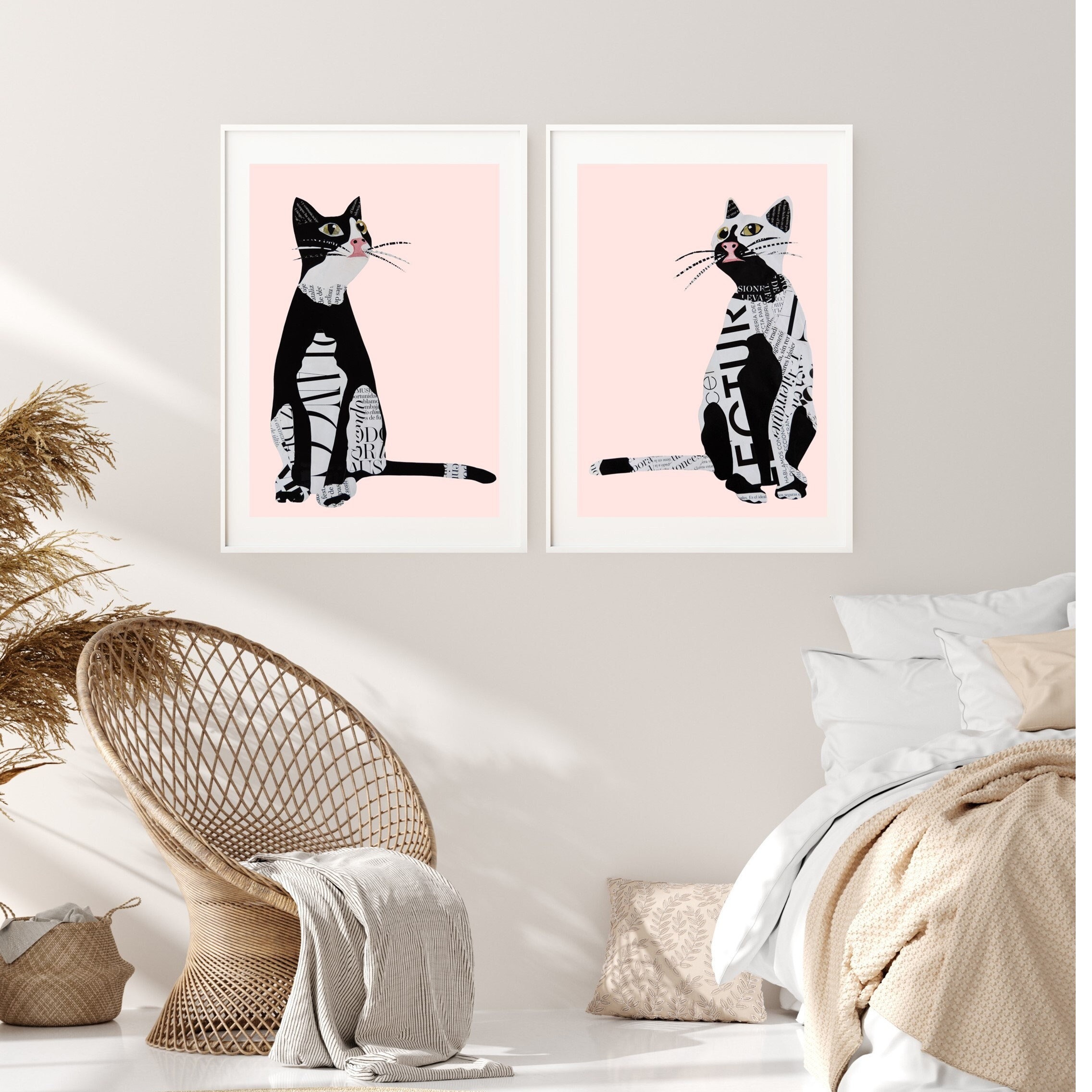 Pink Cat Art Prints, Blush Pink Decor From Original Collage Wall Art ...