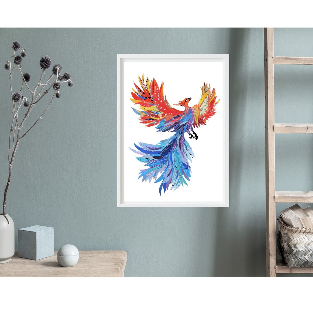 Phoenix Rising, Dragon Art Print From a Unique Collage Artwork, Bright ...