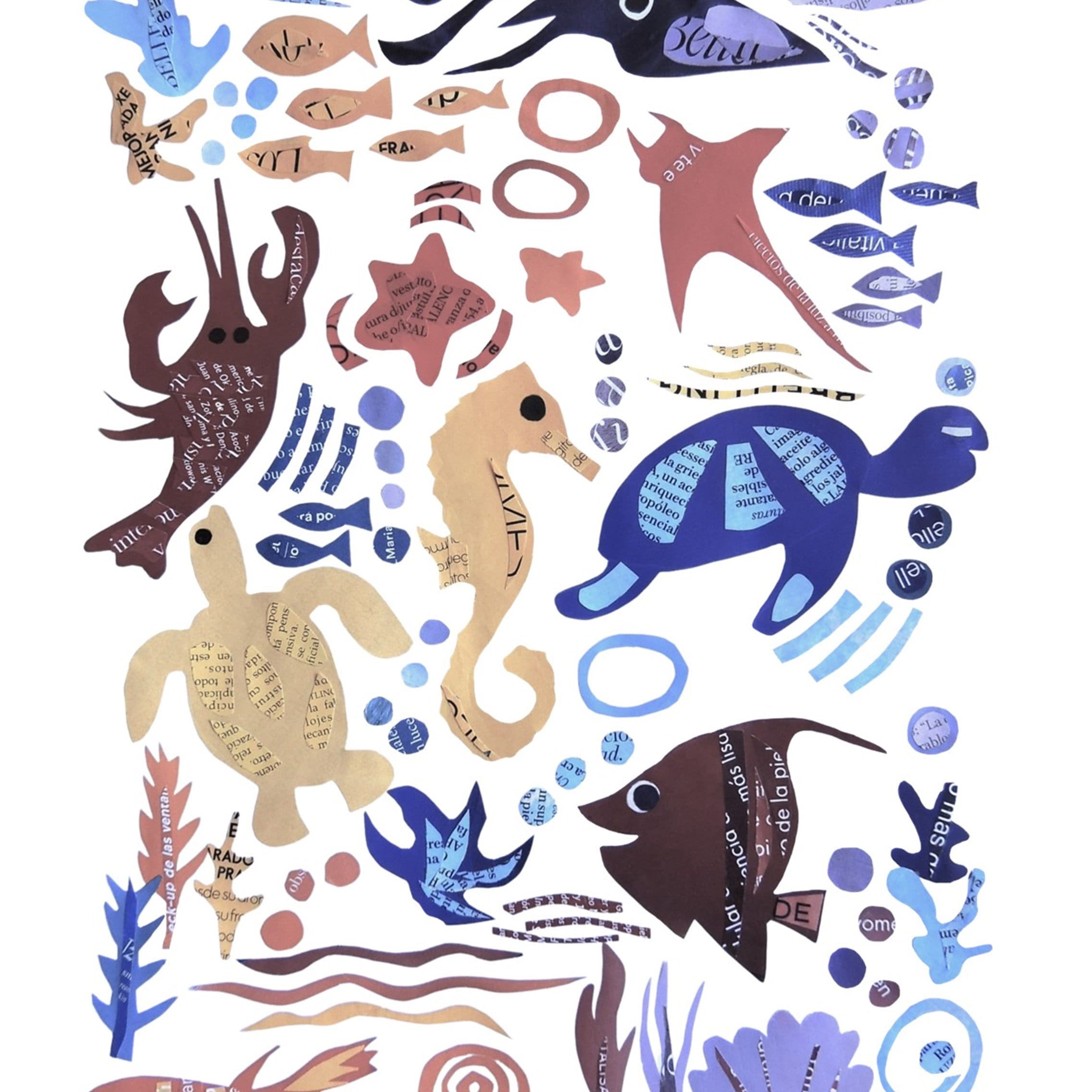 Sea Animal Wall Art Print, Sea Life Collage Artwork for a Nautical ...