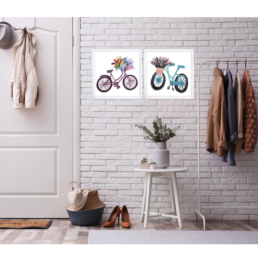 Bicycle Art, Set of 2 Square Bike Prints of Original Collage Artwork ...