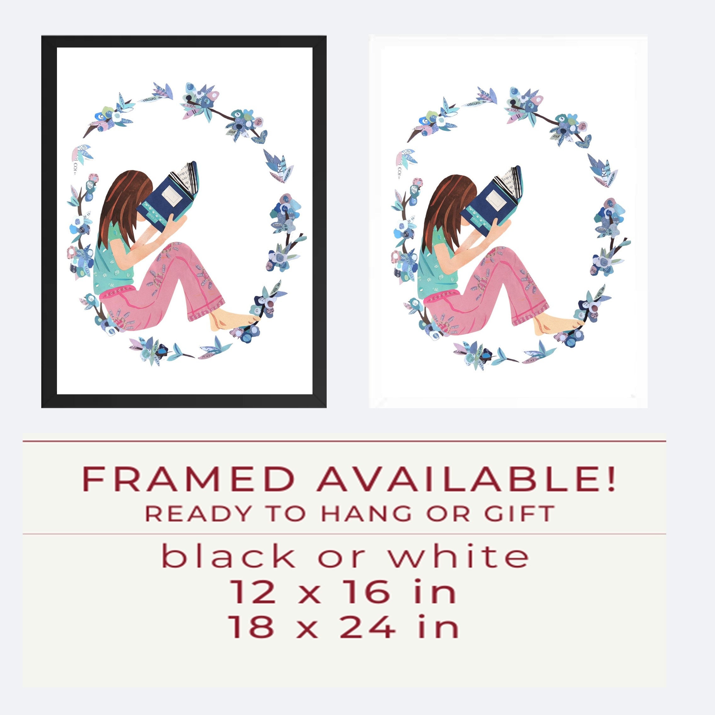 Girl Reading Print, Book Poster Collage Artwork, Girl Room Decor and ...