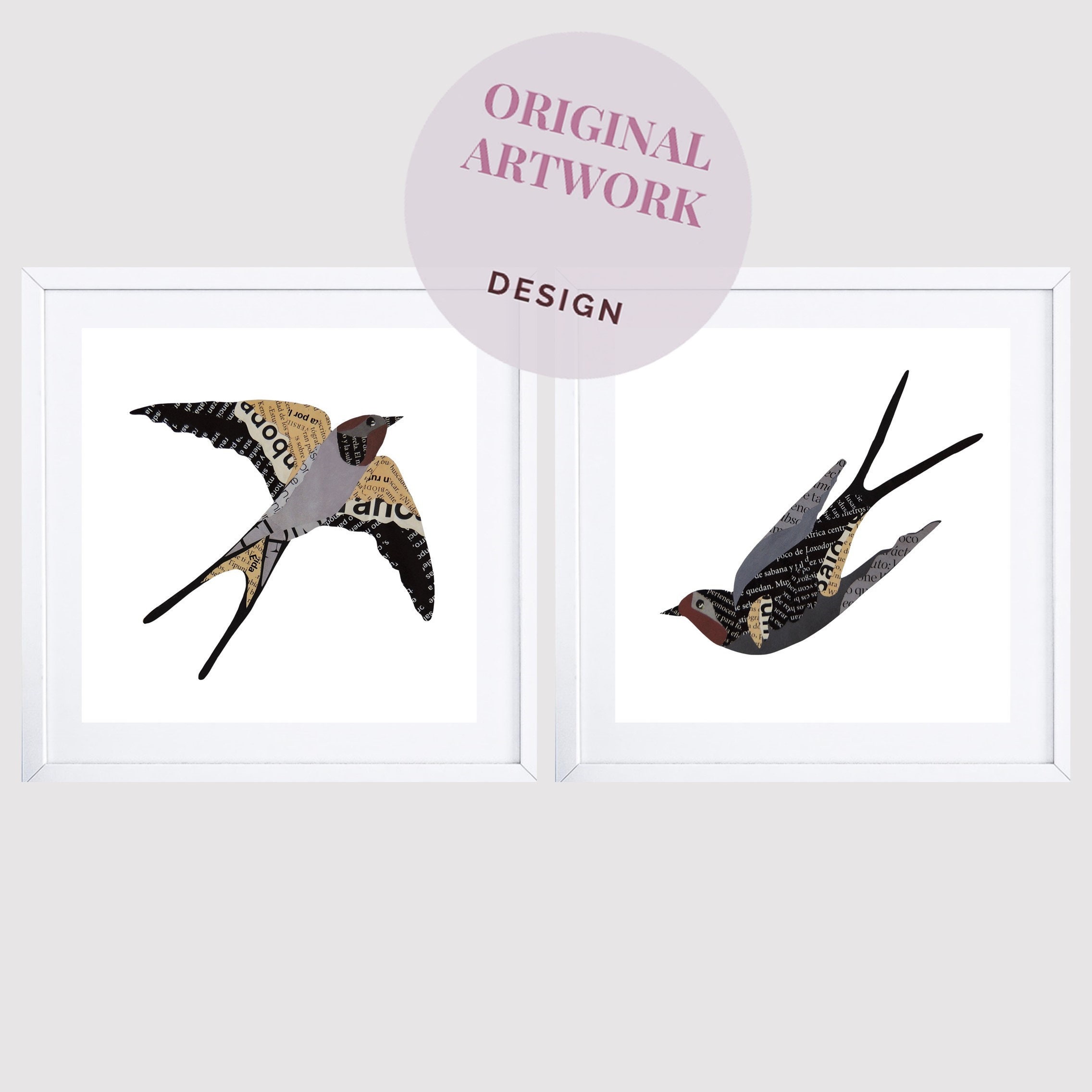 Set of 2 Barn Swallow Bird Art Prints for Vintage Decor, Unique Collage ...