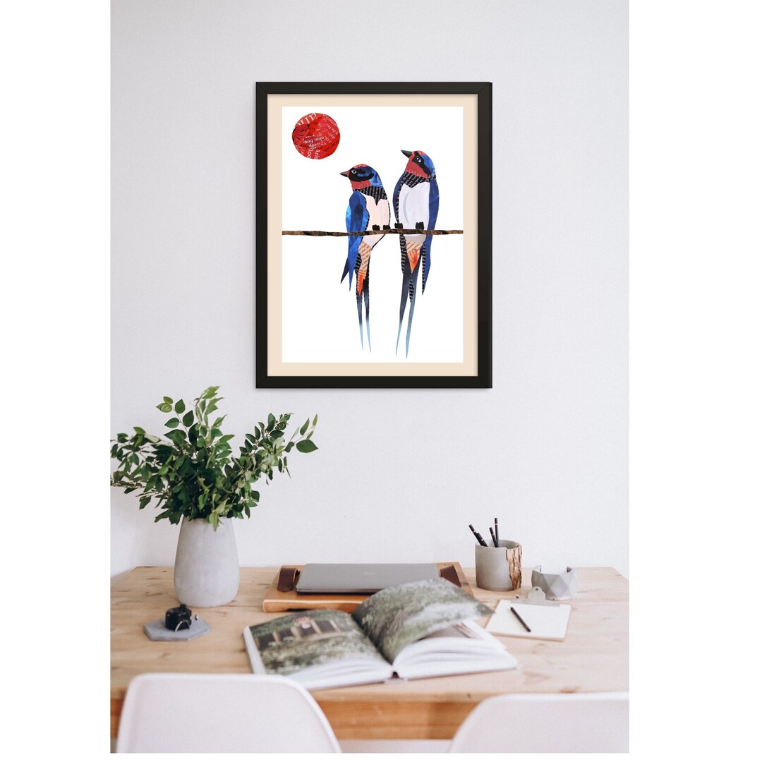Swallow Print, Unique Bird Art Collage Prints, Barn Swallows Bird Decor ...