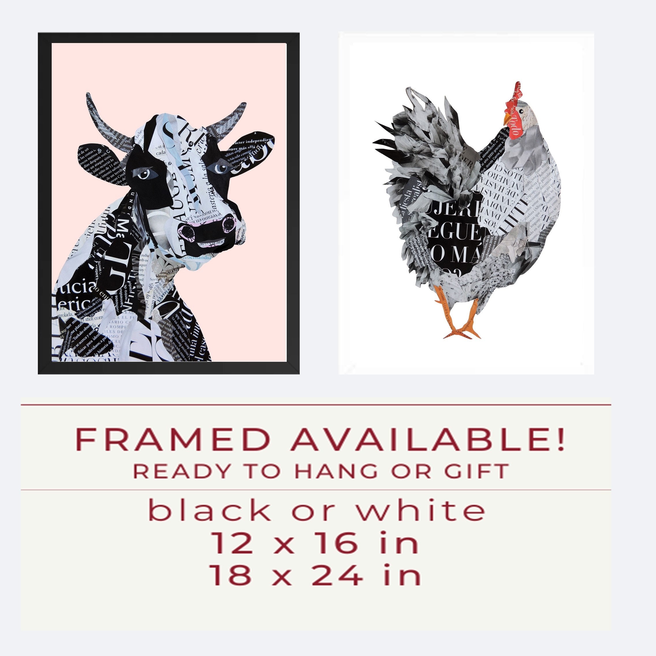 Modern Farmhouse Wall Decor, Cow and Chicken Art Print Set, Farm ...
