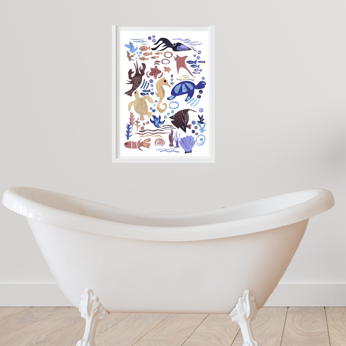 Sea Animal Wall Art Print, Sea Life Collage Artwork for a Nautical ...