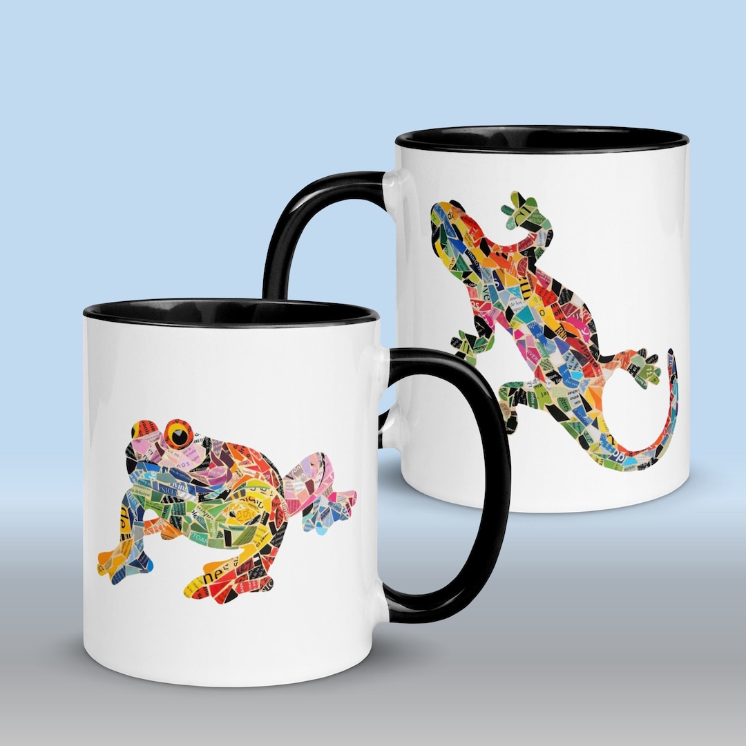Contemporary Art Mug, Salamander and Frog Mug, Aesthetic Mosaic Ceramic ...