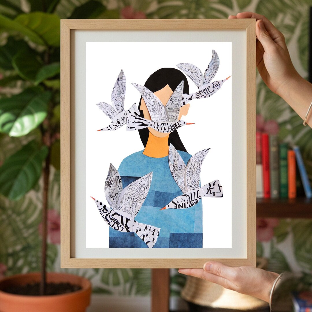 Surreal Woman and Doves Collage, Newspaper Bird Wall Art - Etsy