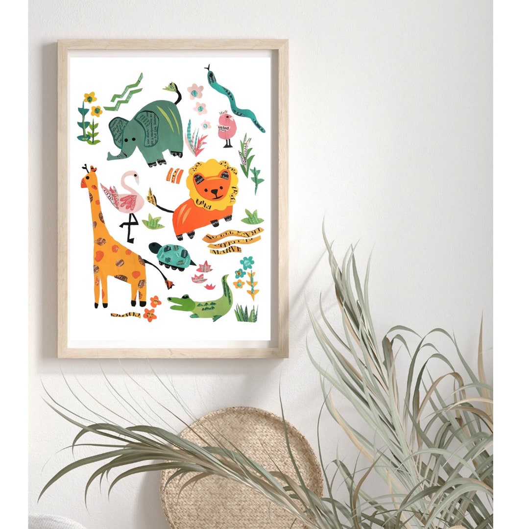Safari Animals Nursery Decor Print, Collage Jungle Wall Art, Unique ...