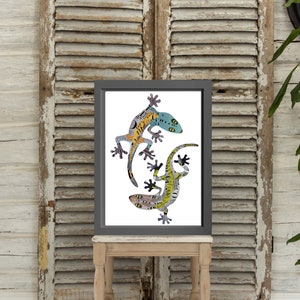 Reptile Decor, Gecko Lizard From Original Collage Art Prints, Rustic ...
