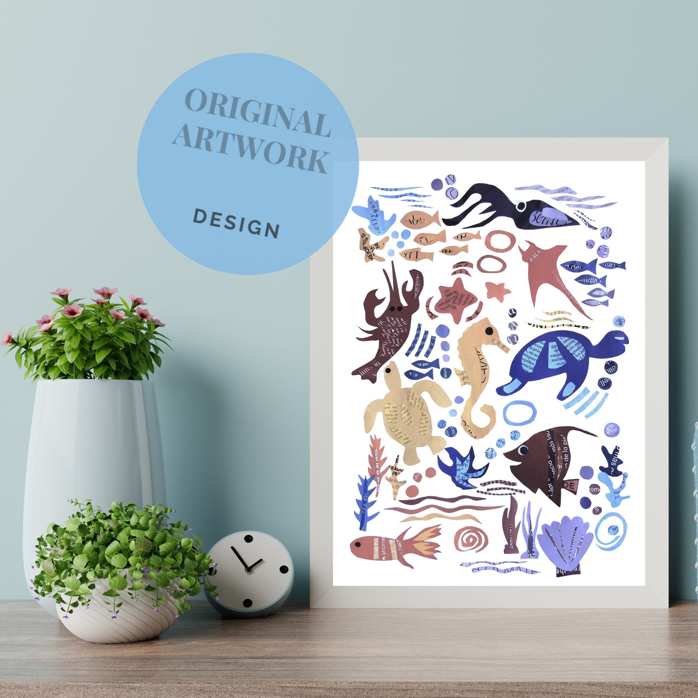 Sea Animal Wall Art Print, Sea Life Collage Artwork for a Nautical ...
