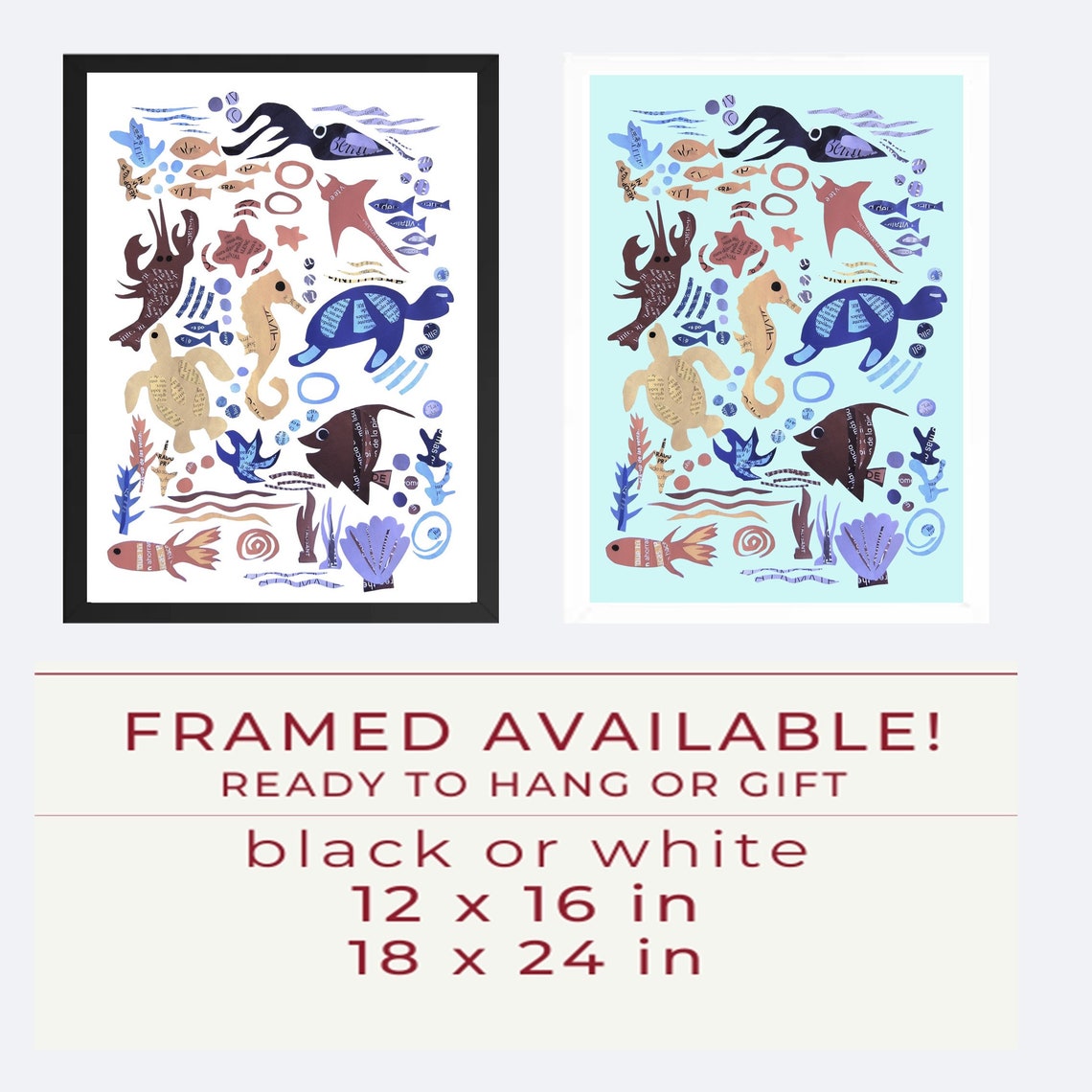 Sea Animal Wall Art Print, Sea Life Collage Artwork for a Nautical ...