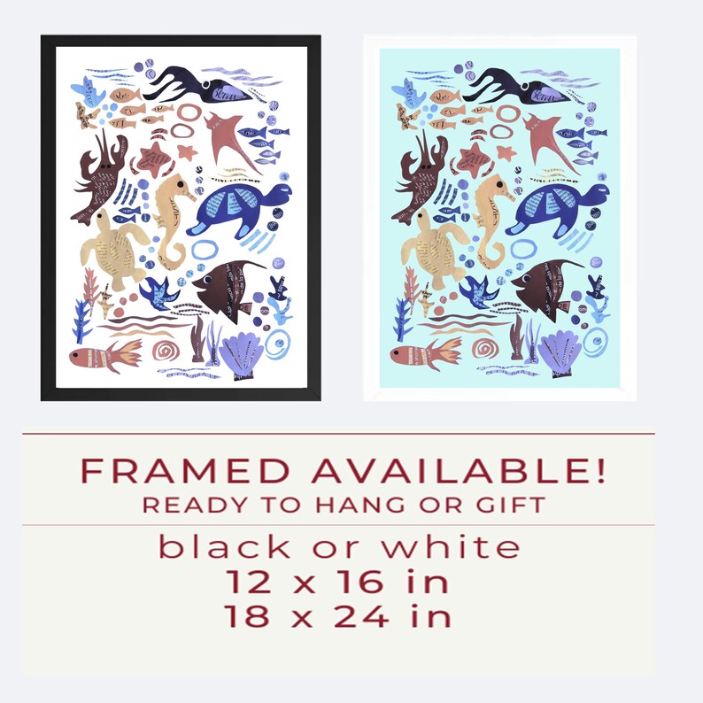 Sea Animal Wall Art Print, Sea Life Collage Artwork for a Nautical ...